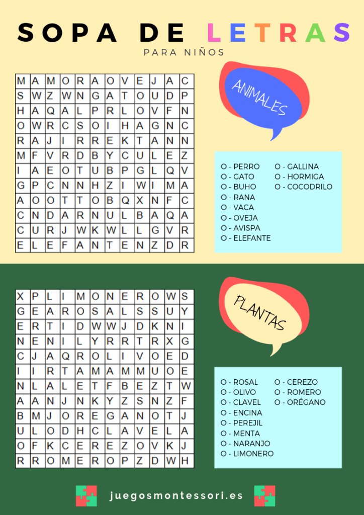 Sopa de Letras para Niños PDF | Para IMPRIMIR | JUEGOS MONTESSORI